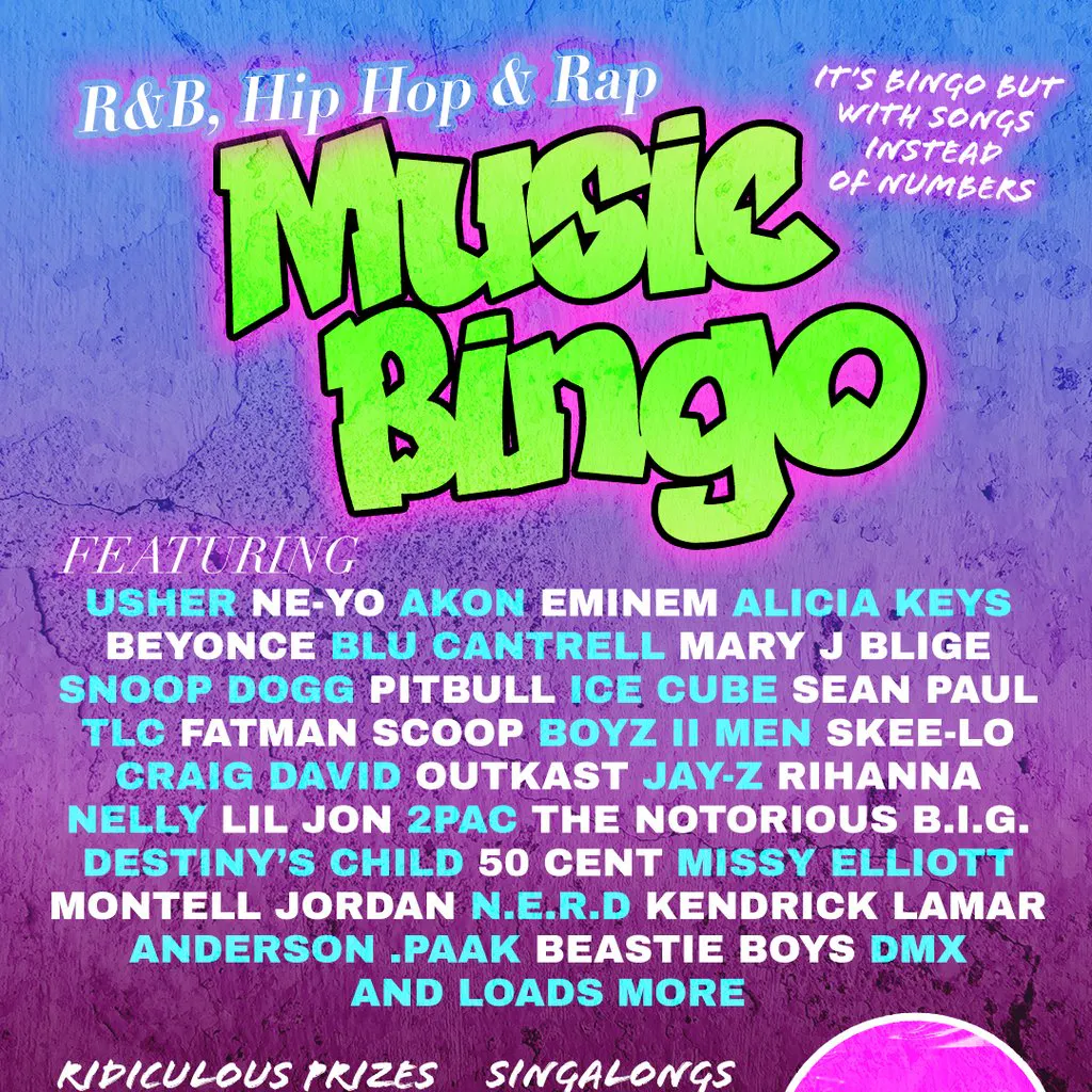 R&B, Hip Hop & Rap Music Bingo | Play, Middlesbrough Middlesbrough Fri ...